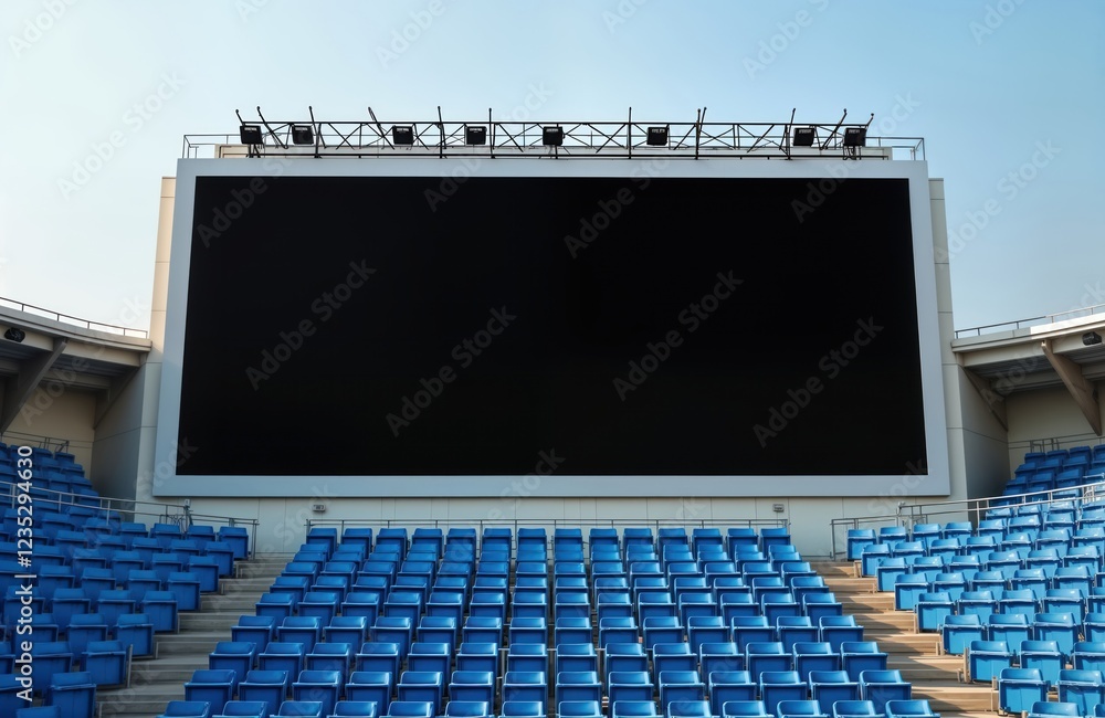 Large outdoor LED screen in stadium. Empty blue seats visible in stands ...