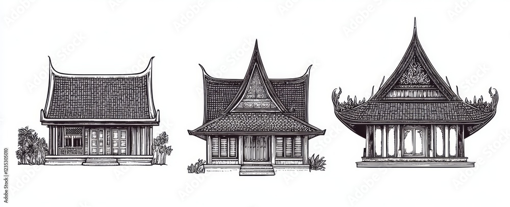 Traditional Batak house from Indonesia depicted in a hand-drawn outline ...