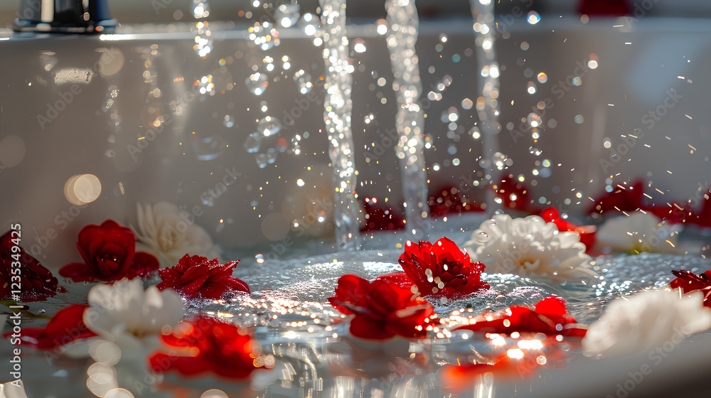 white sink filled with glitter, water flowing from the faucet with red ...