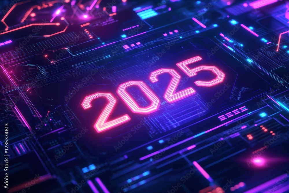 Futuristic digital calendar showcases the year 2025 in a vibrant neon ...