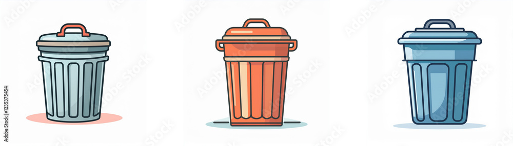 Three waste bins in different colors: blue, orange, and gray. They are ...