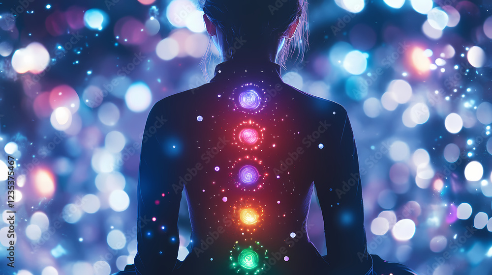 Back view of meditating figure with glowing chakras aligned on spine ...