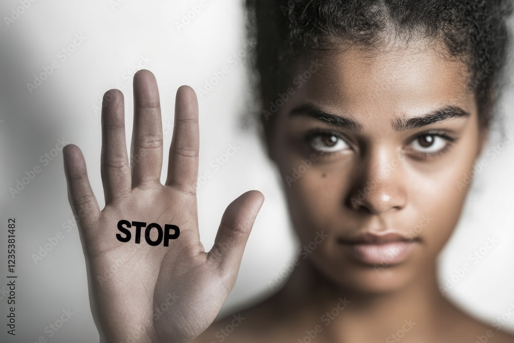 Woman in distress: arm extended, defense posture, ending violence ...