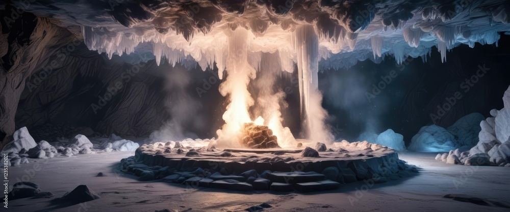 Dense steam surrounds an empty cylindrical podium inside a cold ice ...