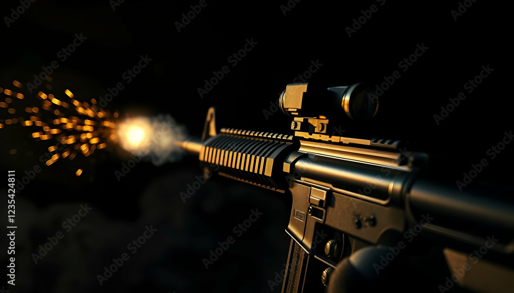 Assault rifle firing, muzzle flash, dark background, sparks, realistic ...