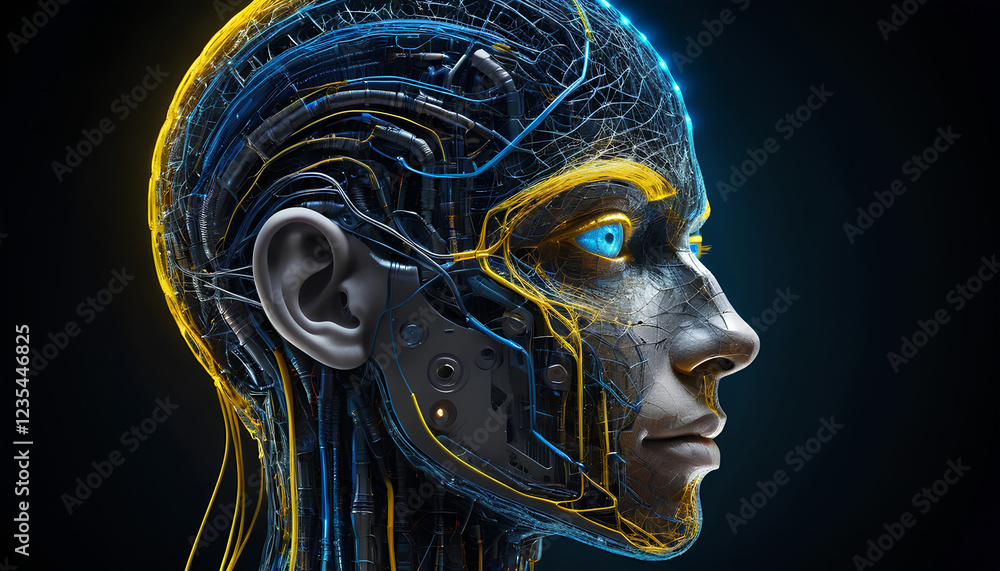 Side view of a humanoid head with blue and yellow eyes and vibrant neon ...