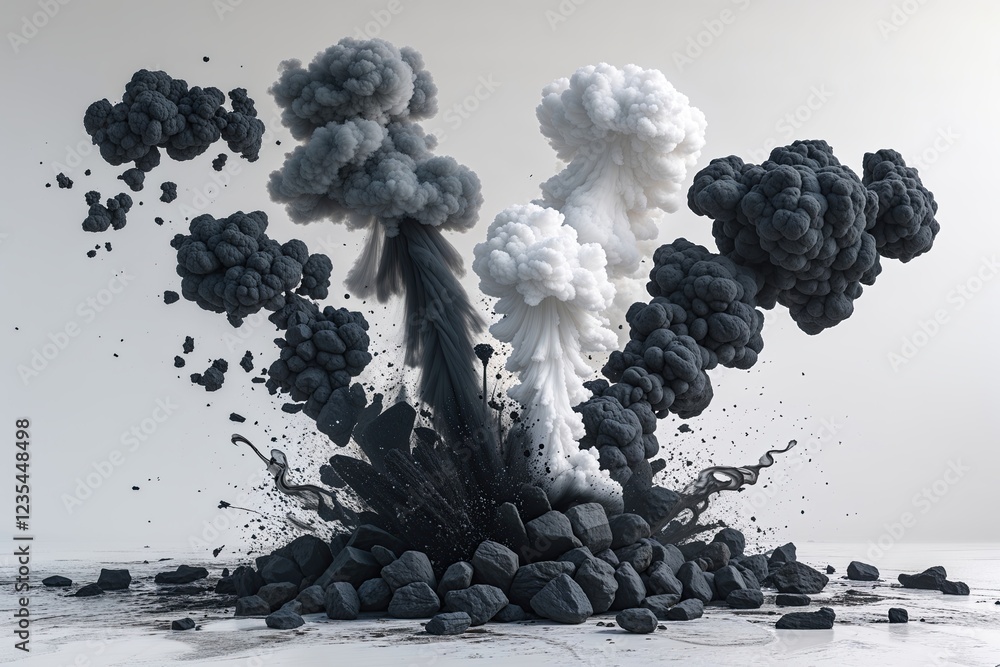 Explosive Illusion of Charcoal and Smoke Surging Through a White Scene ...