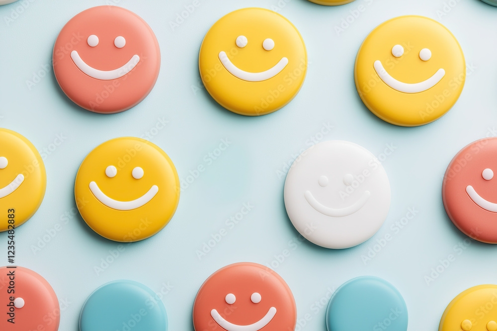 Colorful smiley face buttons arranged in pattern on light blue background, creating cheerful and ...