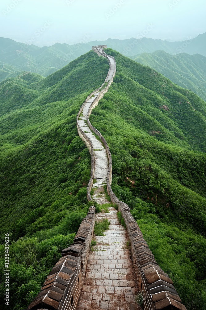 Explore the ancient pathways of the Great Wall winding through lush ...