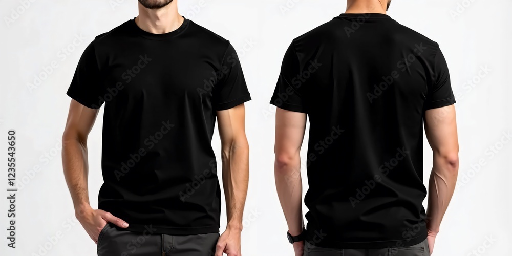 black T-Shirt Mockup on Male Model, Front and Back View, Blank for ...