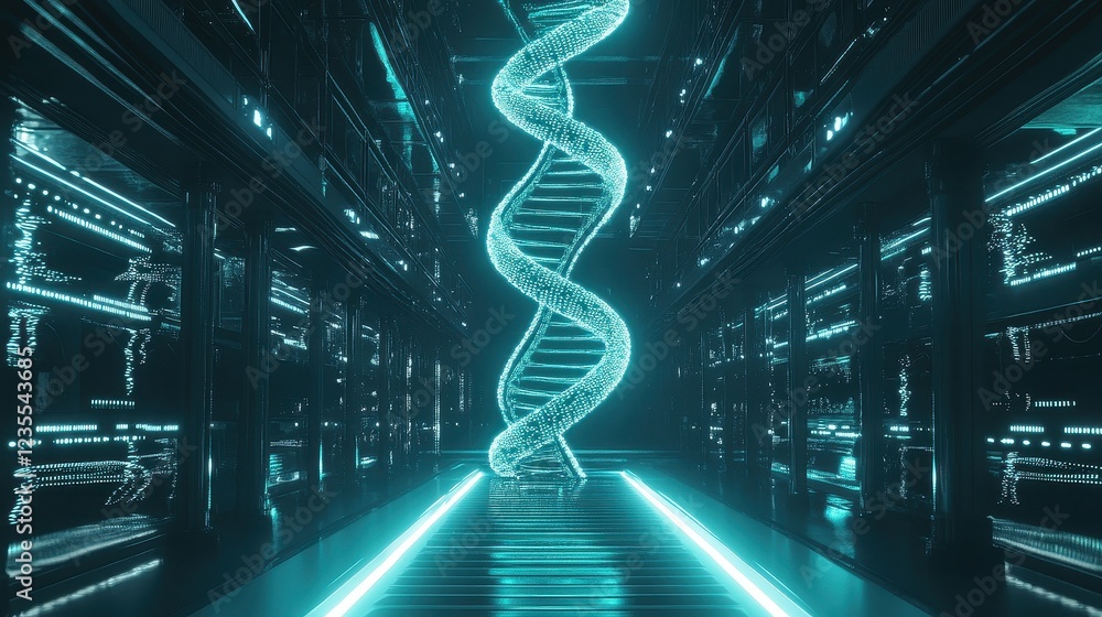 DNA helix structure glowing in a high-tech laboratory front view ...