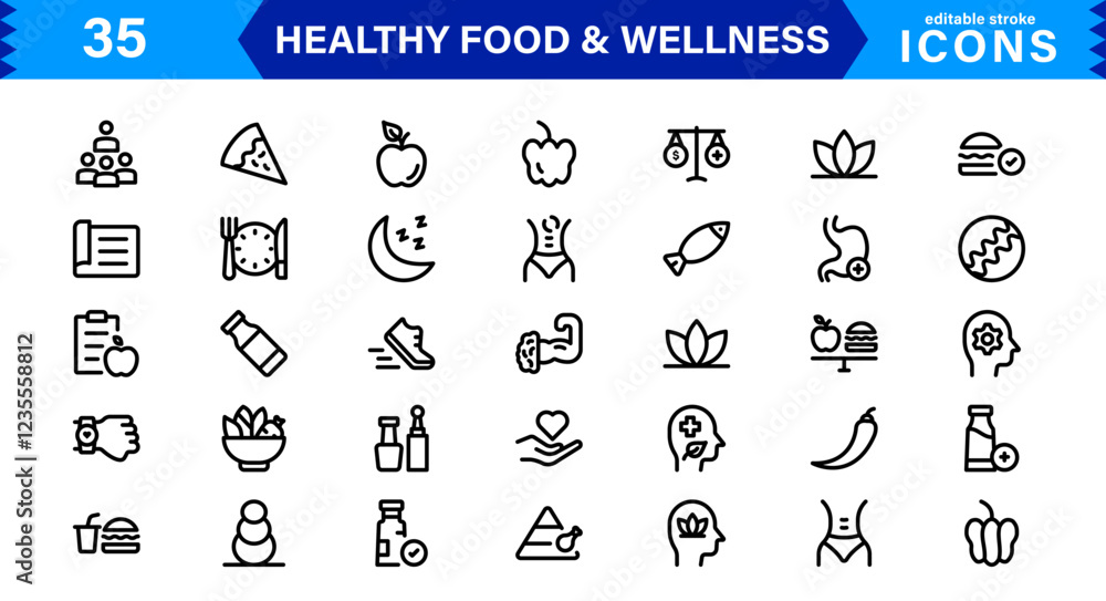 Healthy Food & Wellness Icons. Premium Vector Set with Outline, Minimal ...