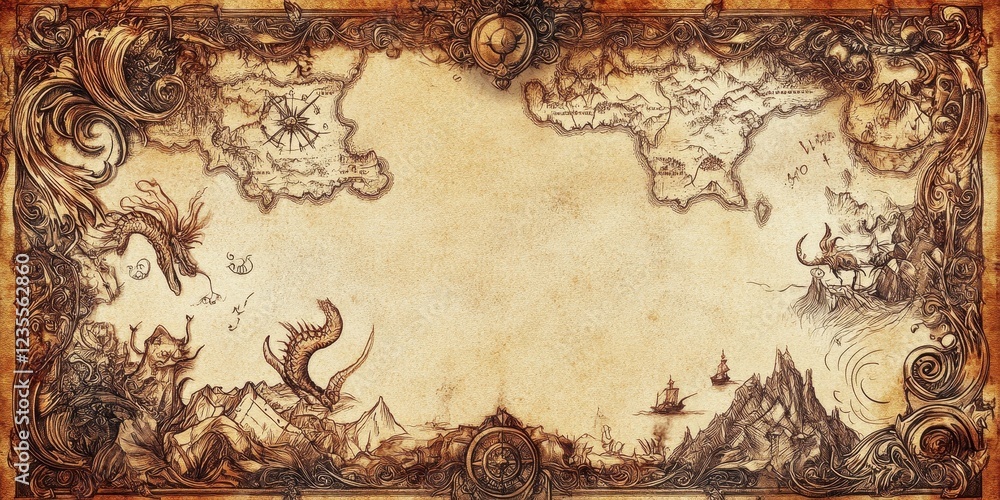 Ancient Fantasy Map With Dragons And Ships Stock Illustration | Adobe Stock