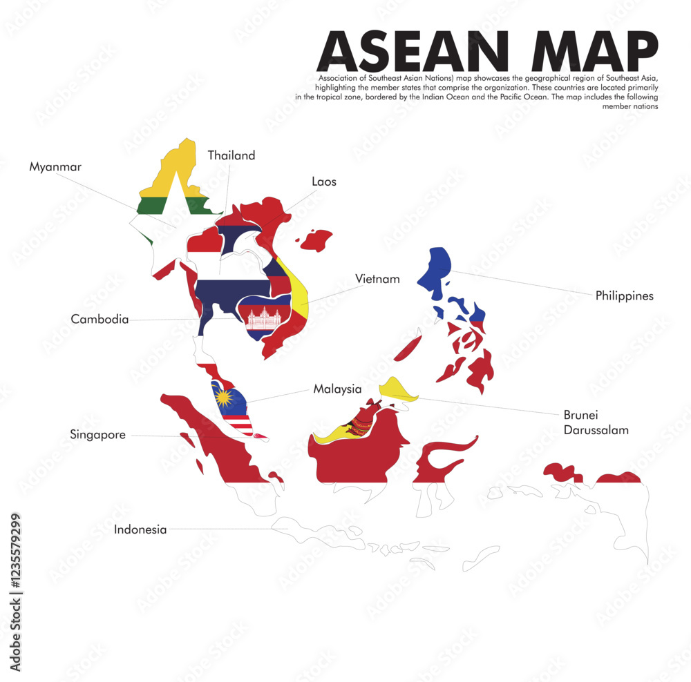 Colorful ASEAN Map with Country Names and Borders. Political Map of ...