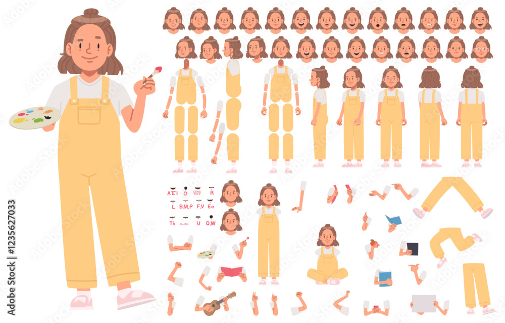Little girl character constructor. Set of different positions of arms ...