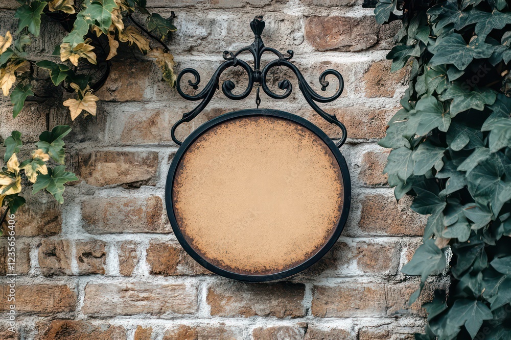 Round cafe signboard mockup hanging on a wrought iron bracket with a ...