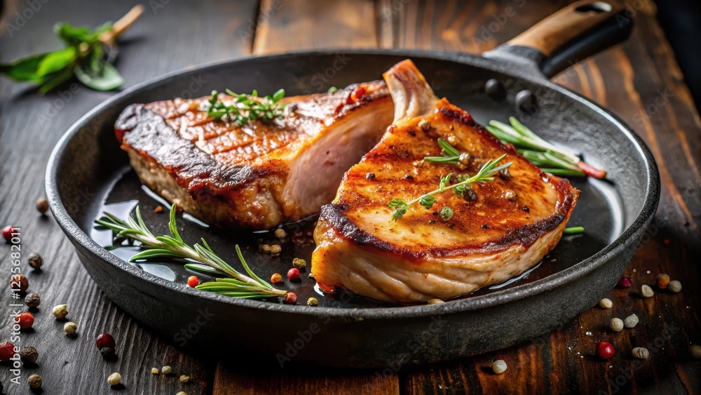 Pan-seared pork chops on the bone with crispy skin and juicy meat ...