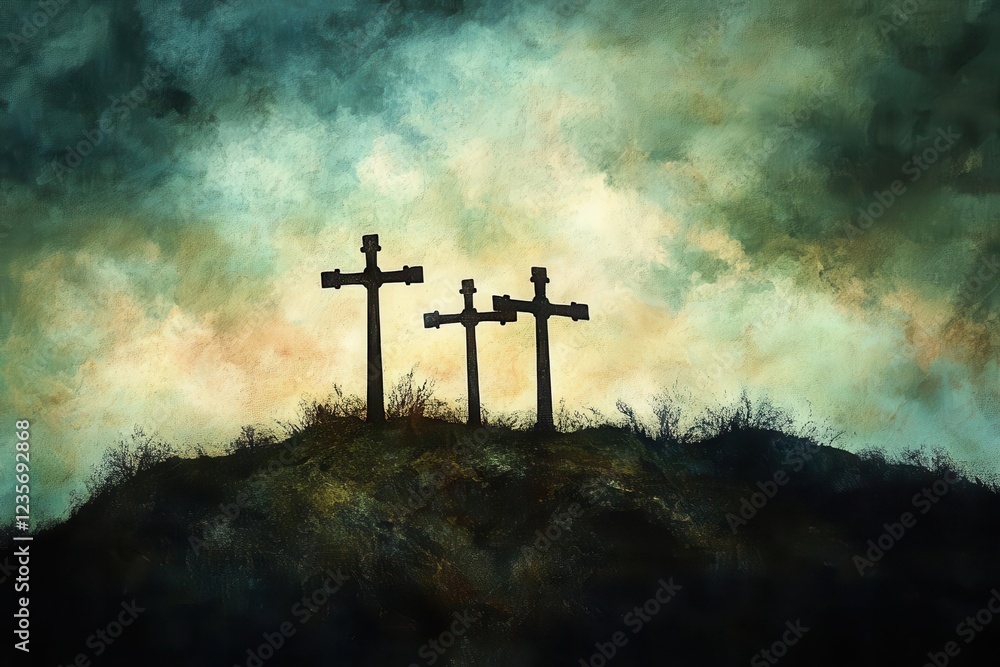 Serene Calvary Scene in Oil Painting Style Depicting the Crucifixion of ...