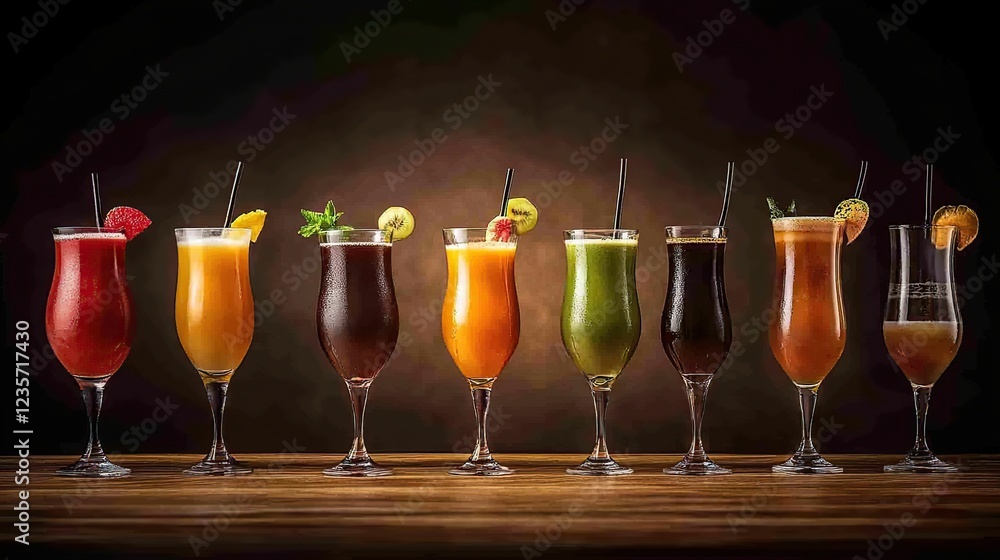 Colorful cocktails line wooden bar, dark background, menu design Stock ...