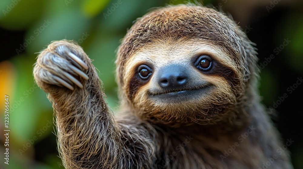 Cute sloth waves hello in rainforest Stock Illustration | Adobe Stock