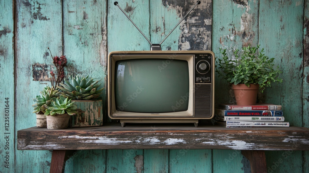 Classic 1950s television with rabbit ear antennas, set on a distressed ...