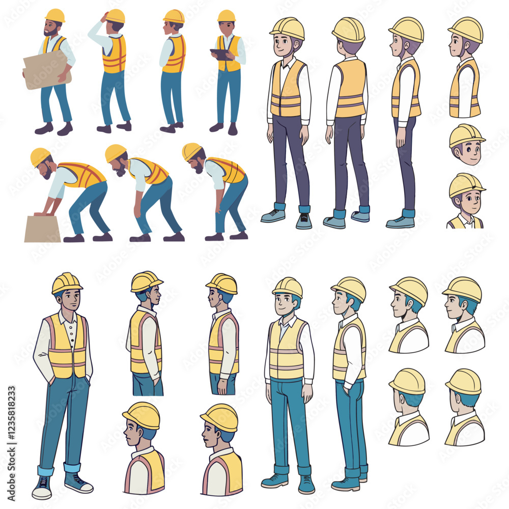 Construction worker, builder in helmet, vest, uniform vector illustration. Character constructor ...