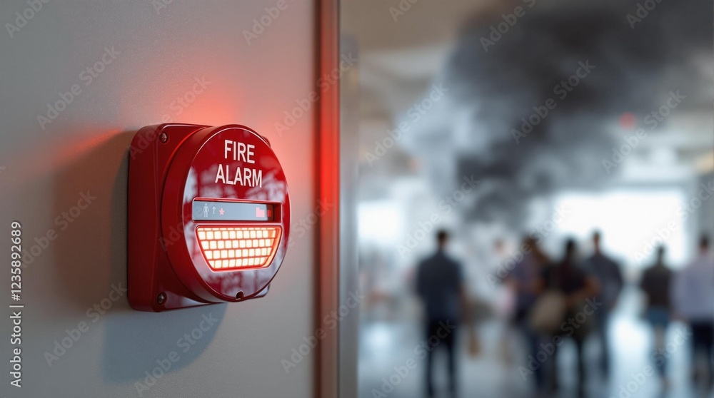 Fire alarm ringing in building with smoke and people evacuating Stock ...