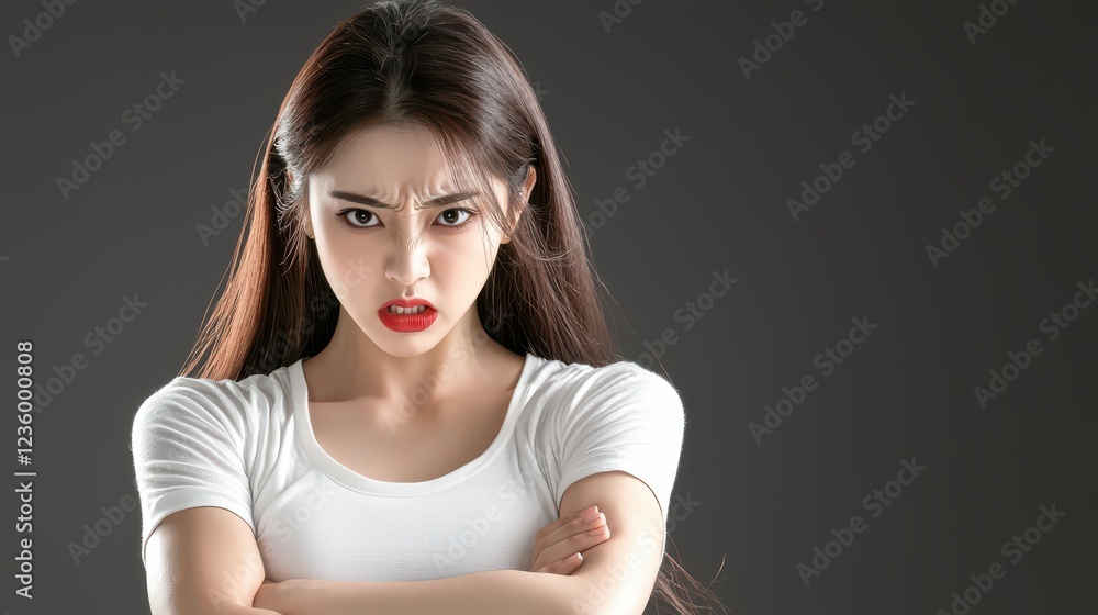Angry Asian woman crossing her arms and glaring intensely, dramatic ...