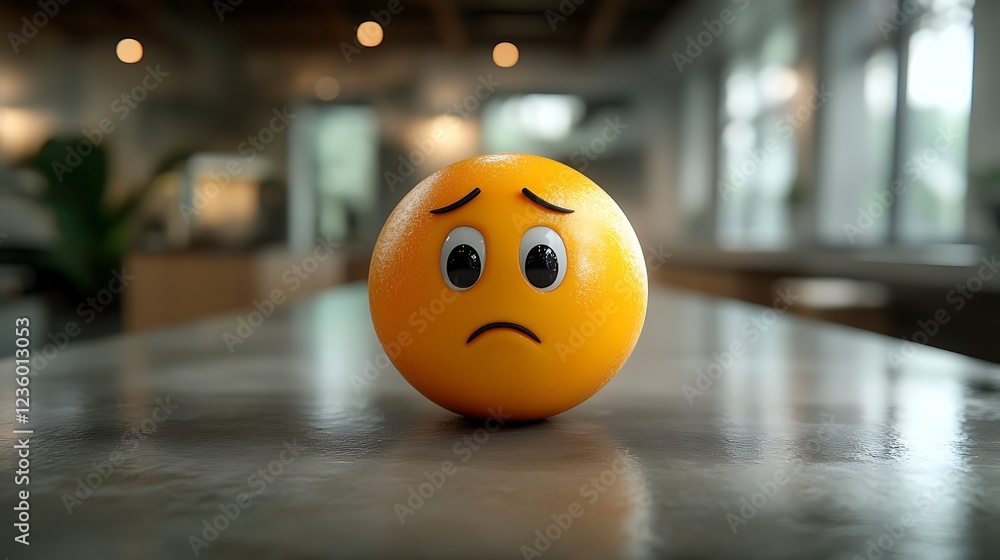 Sad emoji on a table in a modern kitchen setting. Possible use Desktop ...