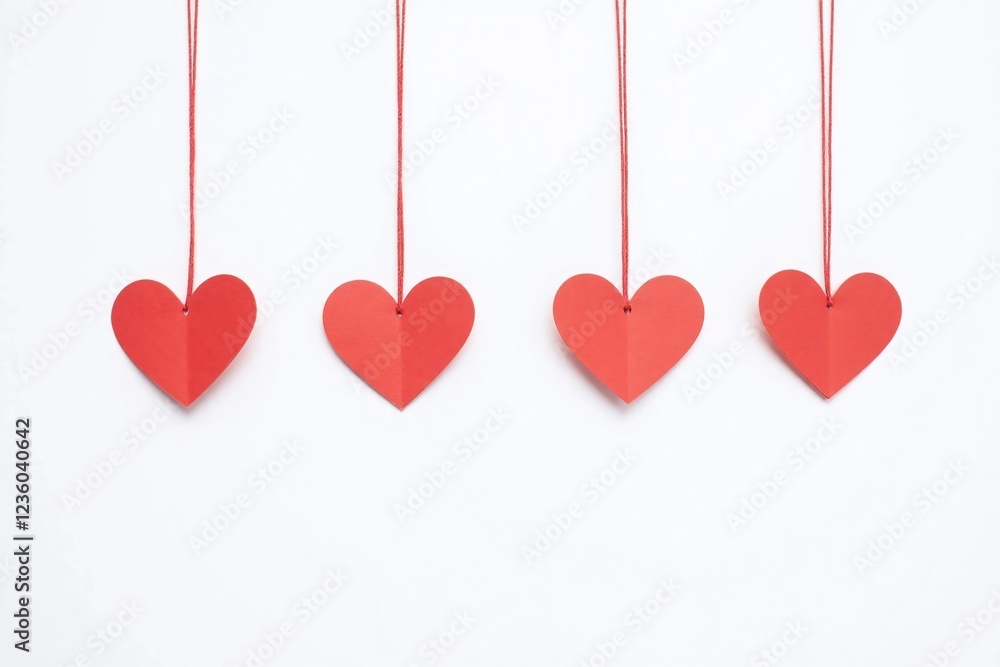 four red heart shaped paper cutouts on strings white background Stock ...