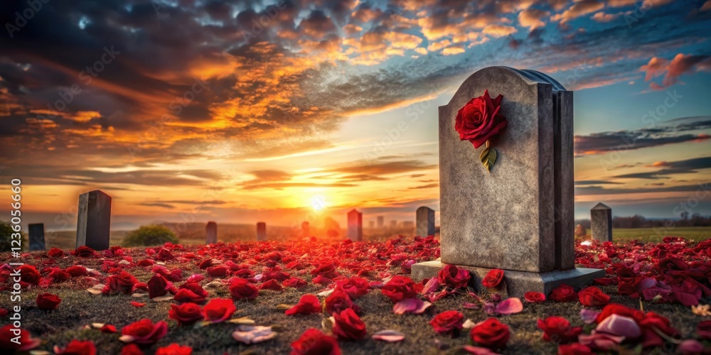 Dark stone grave monument surrounded by hundreds of red roses, their ...