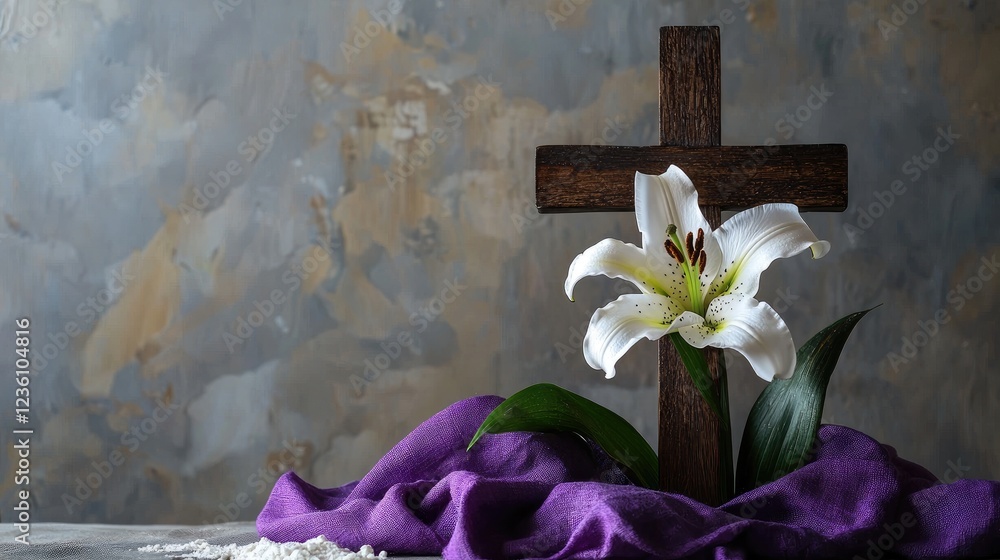 Rustic Wooden Cross and White Lily with Purple Cloth for Ash Wednesday Stock Photo | Adobe Stock