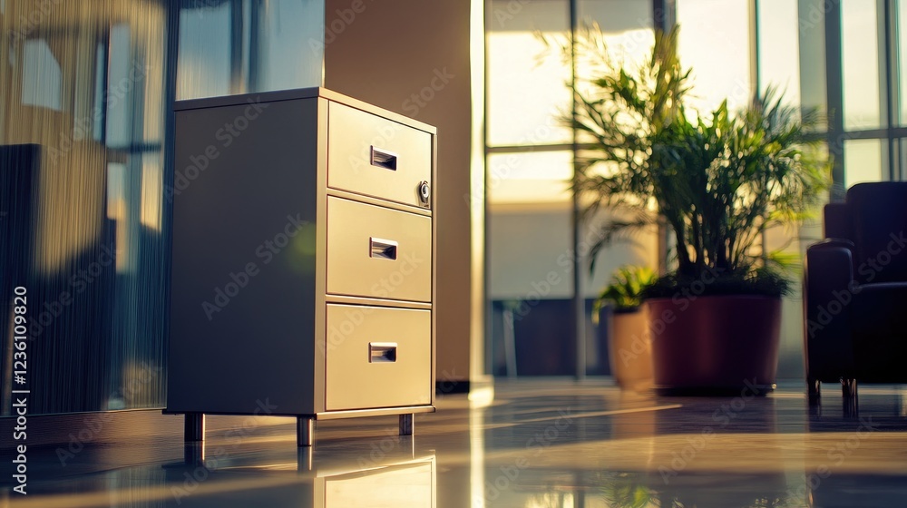 Office storage cabinet and plant with a sunset background in a modern ...