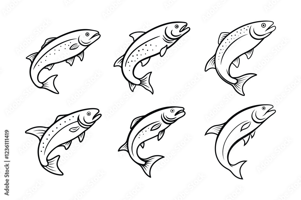 trout fish design, labeled line art vector silhouette illustration ...