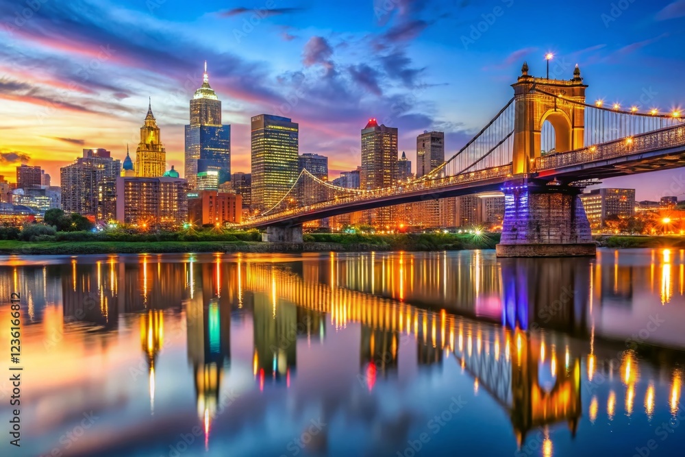 Cincinnati Ohio Skyline, Roebling Suspension Bridge, Smale Riverfront ...
