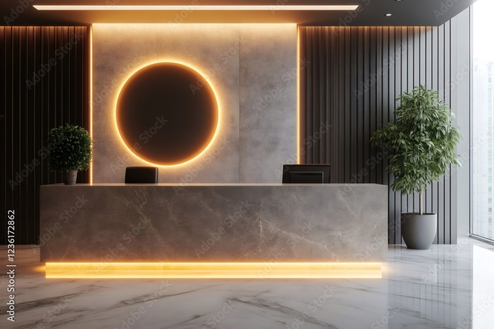 Empty glowing circular logo behind a marble reception desk in a modern ...