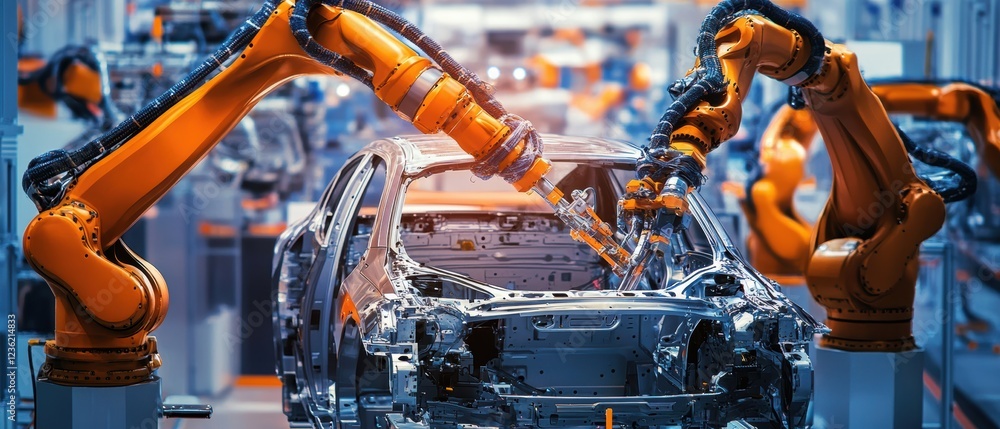 Robotic arms assembling car parts in a modern automotive factory ...