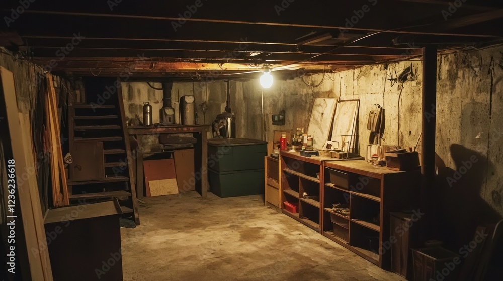 Foto de Stock A dimly lit, eerie basement with cracked walls and ...