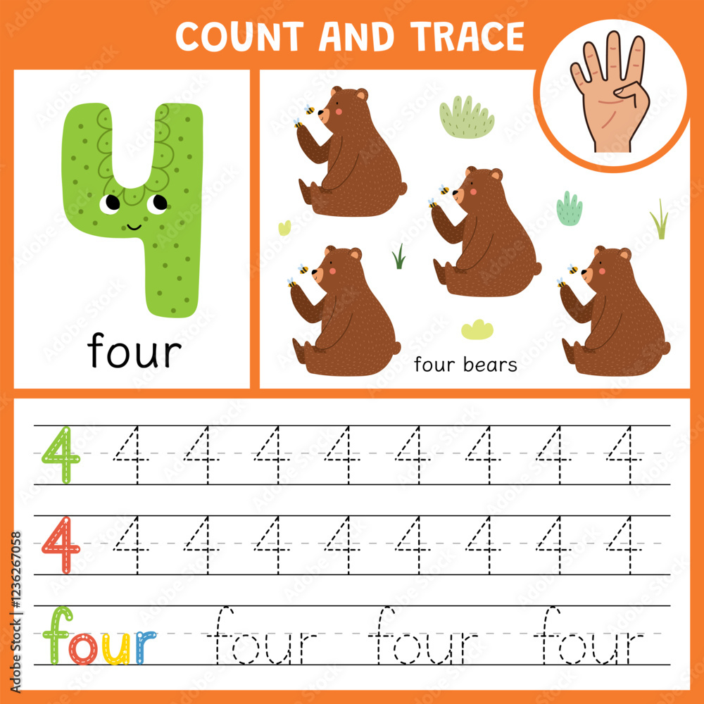 Стоковое векторное изображение «Number 4 tracing worksheet for kids ...