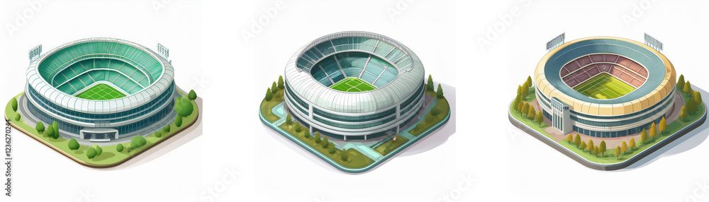Three isometric views of different stadiums showcase architectural ...