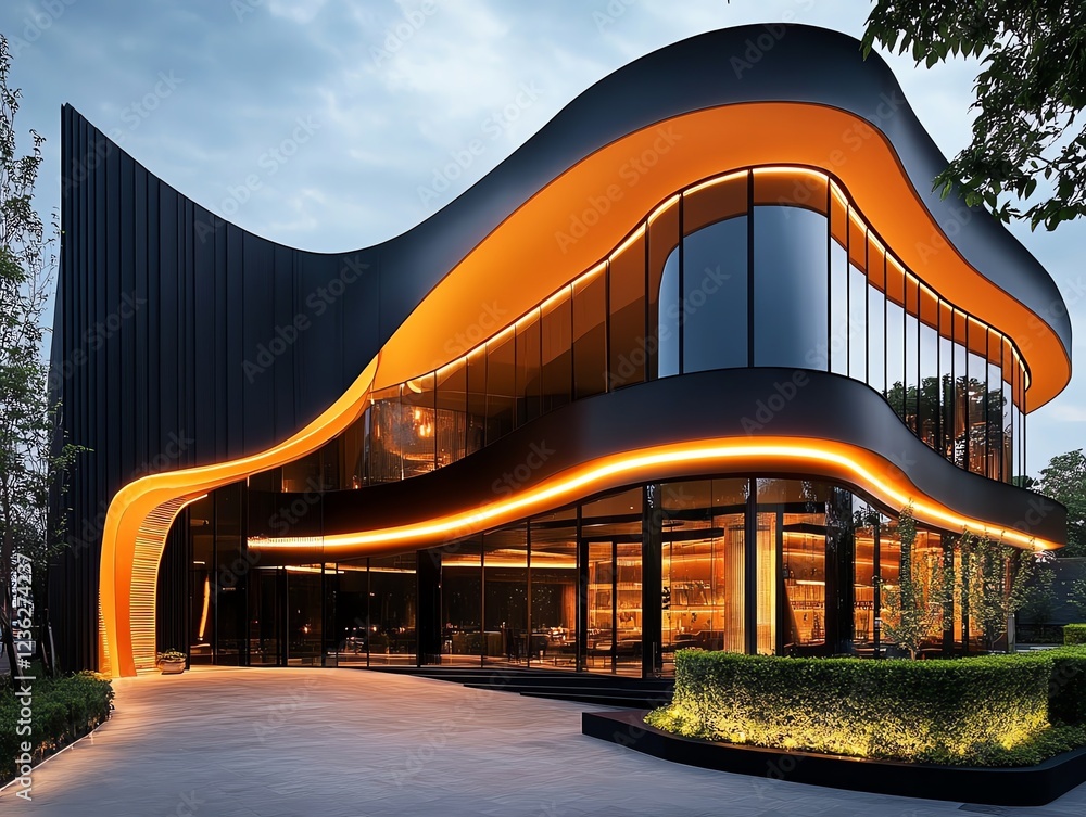 Exclusive club exterior with illuminated entrance, artistic facade ...