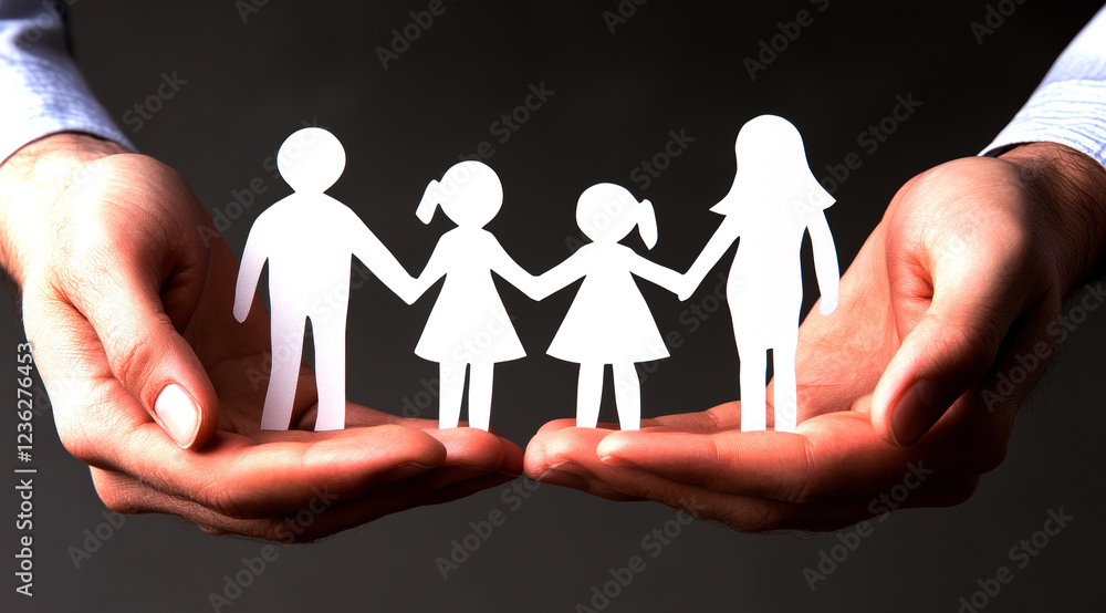 This image depicts four paper cutouts representing a family, held ...