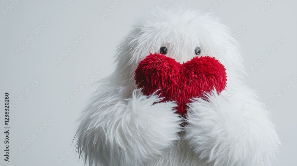 Cute huge funny white yeti fluffy monster holding red heart, romantic ...