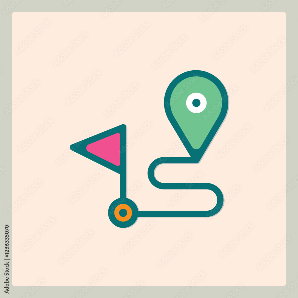 Simple illustration depicting a location icon, route, and a flag on a ...