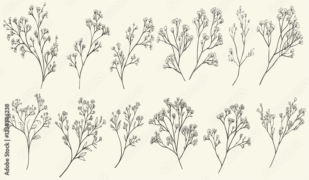 Hand-drawn wedding herb monogram, Limonium and baby's breath logo with ...