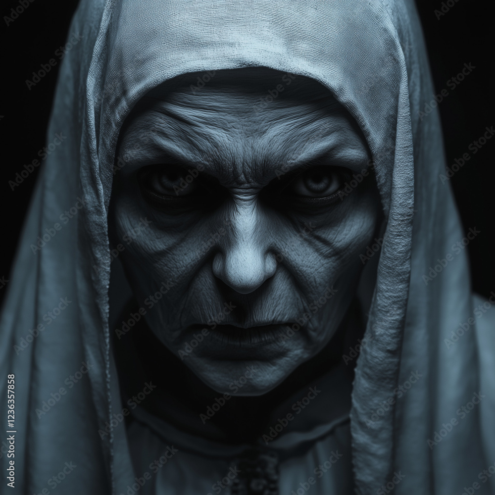 Terrifying elderly nun with hollow eyes in a dark, eerie atmosphere ...