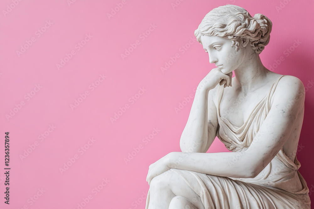 antique roman female god statue sitting in pensive pose on pastel pink ...