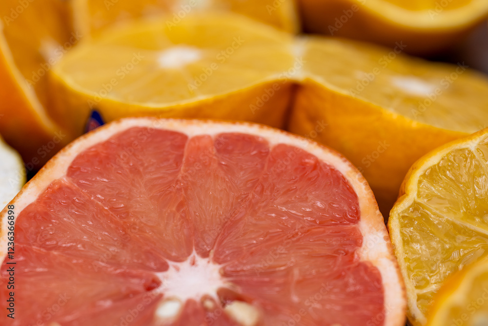Assorted Fresh Citrus Fruits Sliced Open. Close-up of various sliced ...