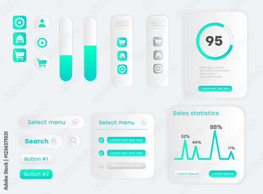 UI UX design elements set with buttons, icons, progress bars ...