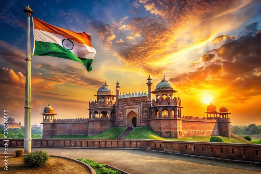 Happy Republic Day: Red Fort & Waving Indian Flag Landscape Stock ...